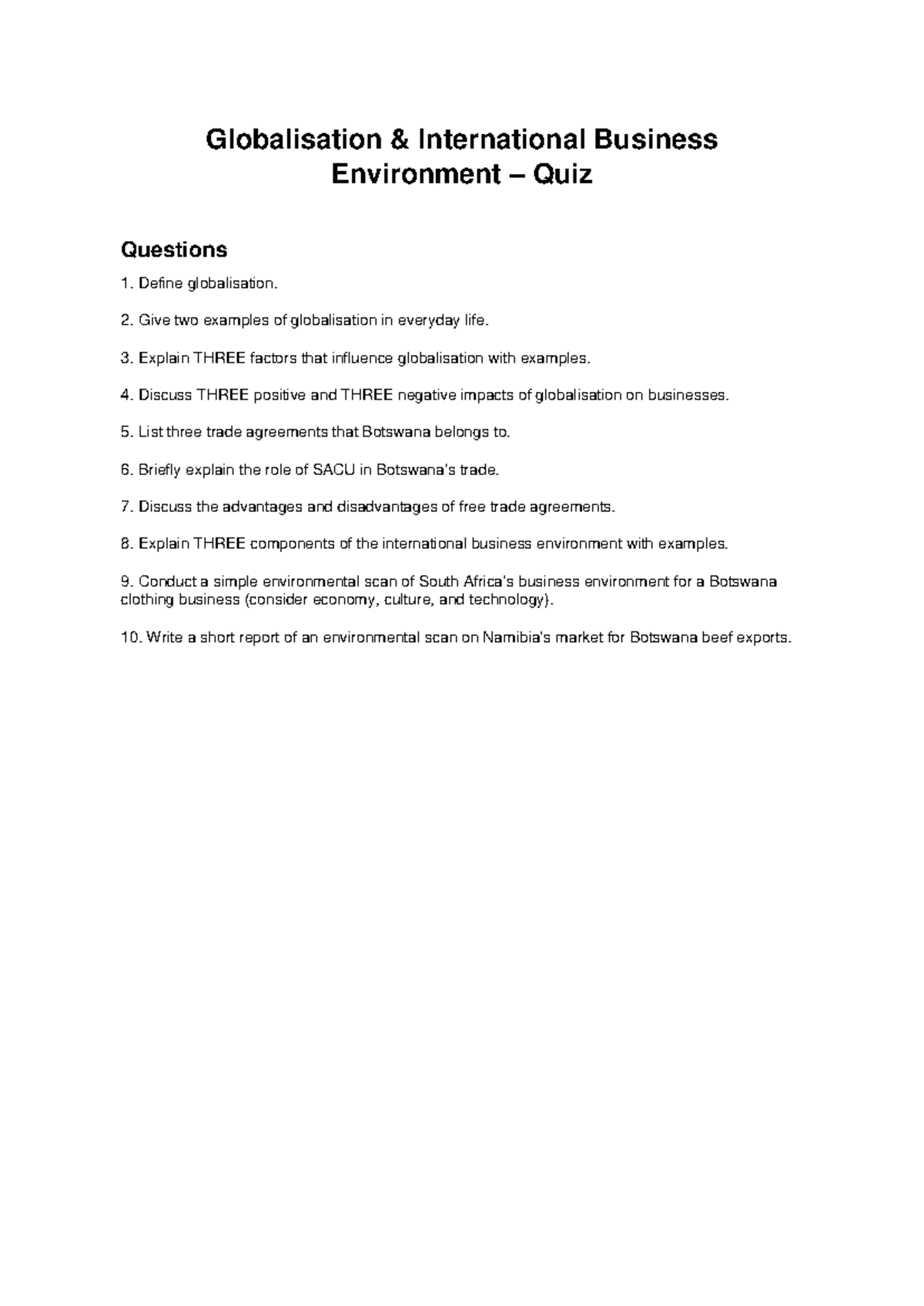 Globalisation Int'l Business Environment Quiz Questions & Practice ...