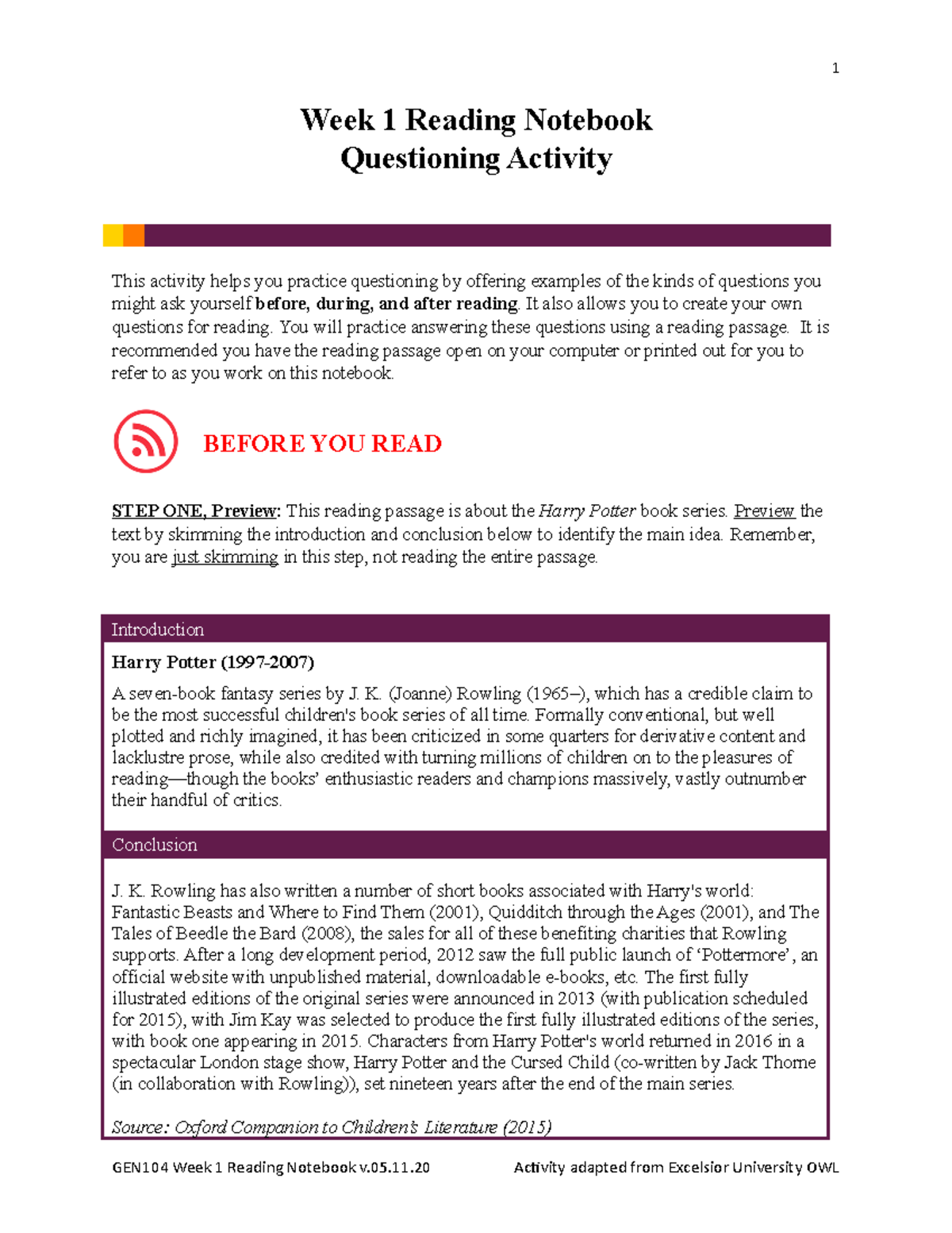 GEN104 Week 1 Reading Notebook: Questioning Activity Insights - Studocu
