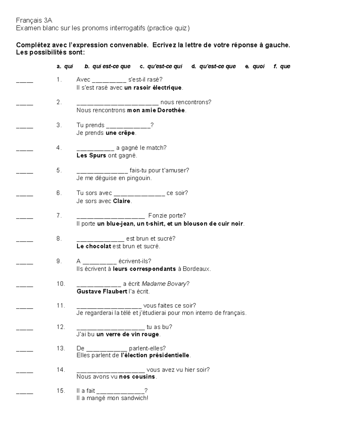 Français 3A Examen blanc sur les pronoms interrogatifs - Studocu