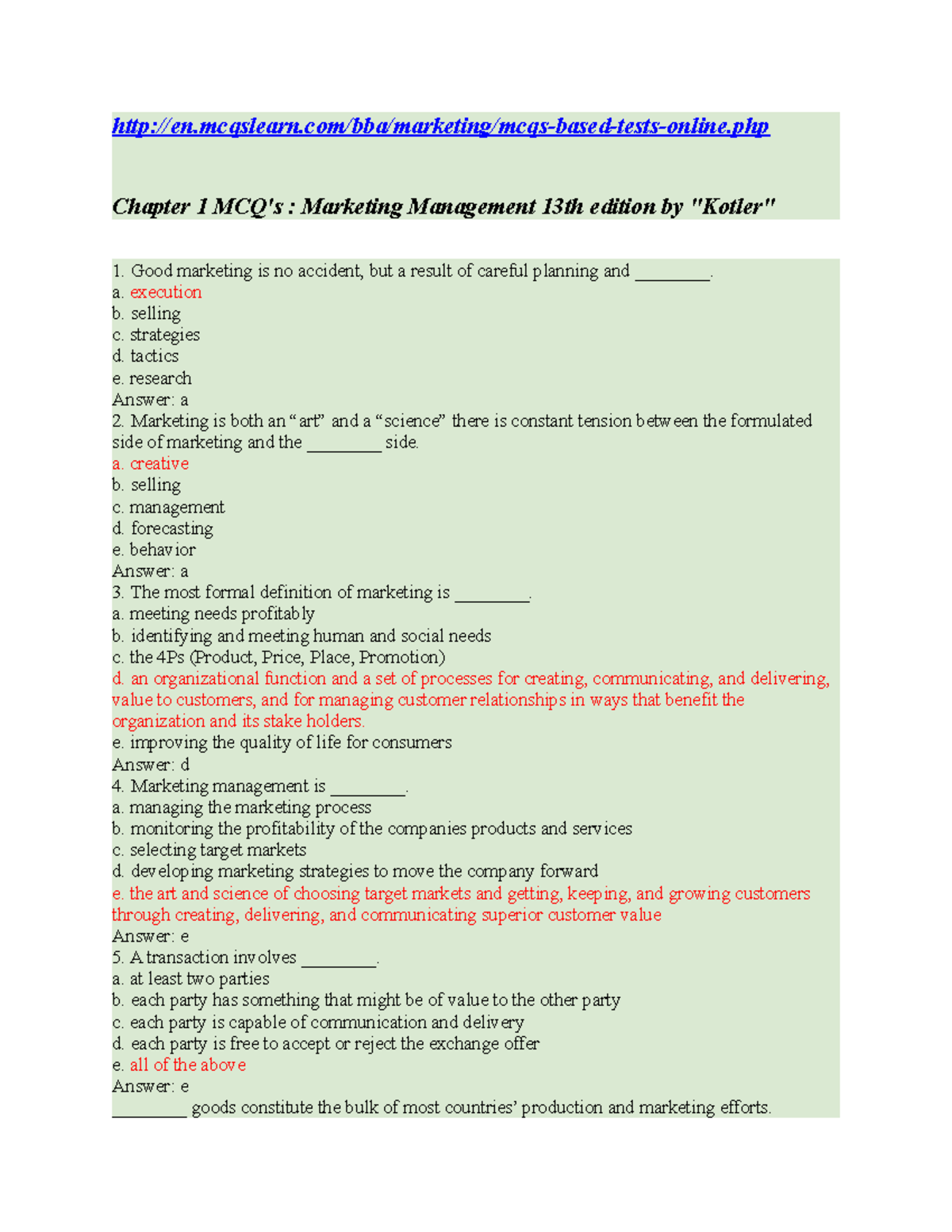 Chapter 1 MCQ: Key Concepts in Marketing Management (Marketing 101 ...