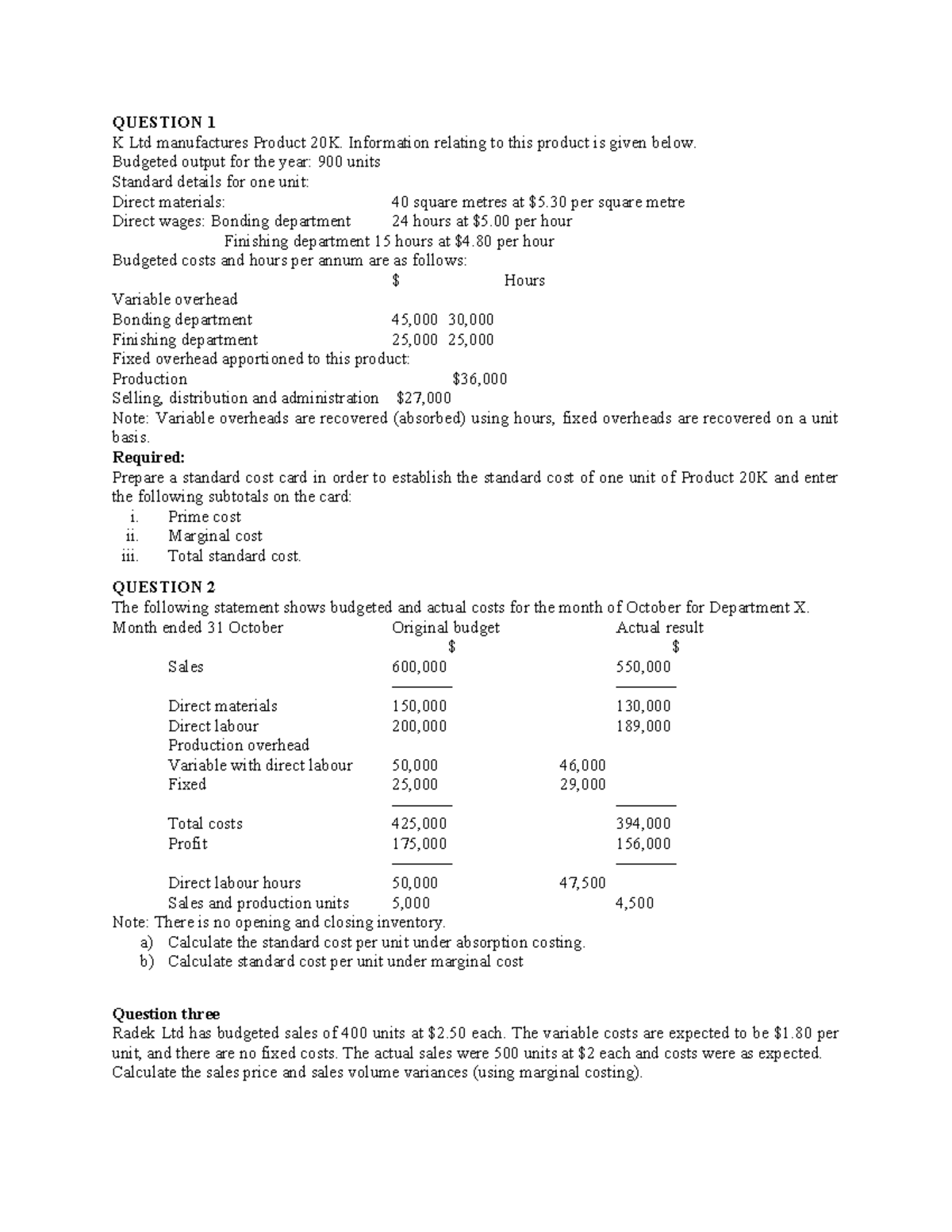 Standard Costing Questions for ACC 101: Product Variance Analysis - Studocu