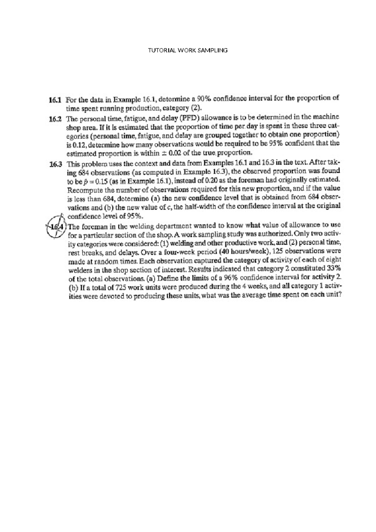 Tutorial WORK Sampling - TUTORIAL WORK SAMPLING 16 For the data in ...