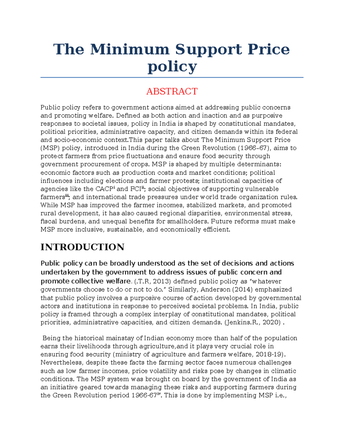 Minimum Support Price (MSP) Policy: Impacts and Challenges - Studocu