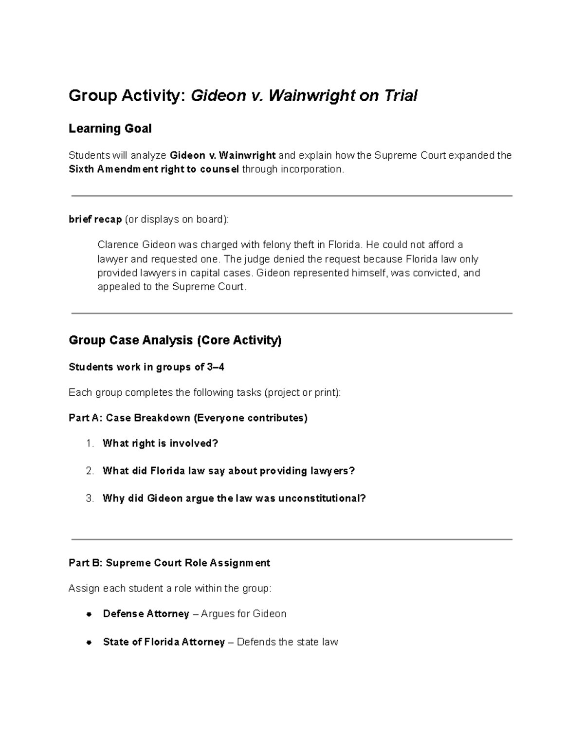 Group Activity: Gideon v. Wainwright Case Analysis - Studocu