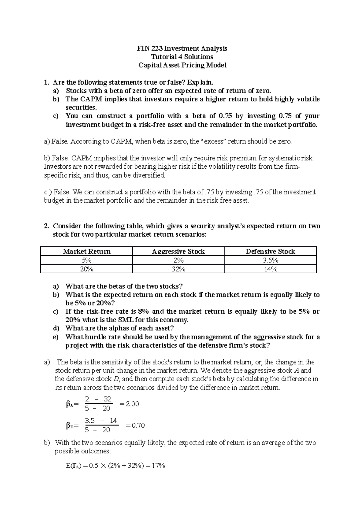 FIN 223 Tutorial 4 Solutions: Capital Asset Pricing Model Analysis ...