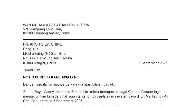 Surat Notis Perletakan Jawatan oleh WAN MUHAMMAD FATHAN BIN INDERA ...