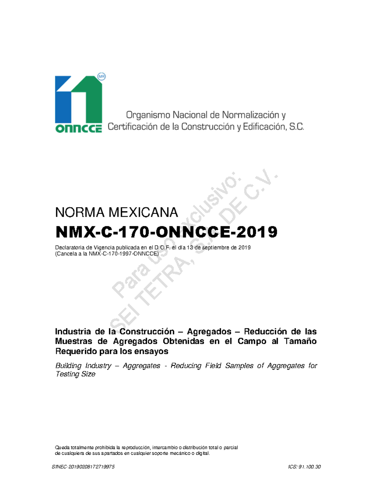 NMX-C-170-ONNCCE-2019: Reducción de Muestras de Agregados para Ensayos ...