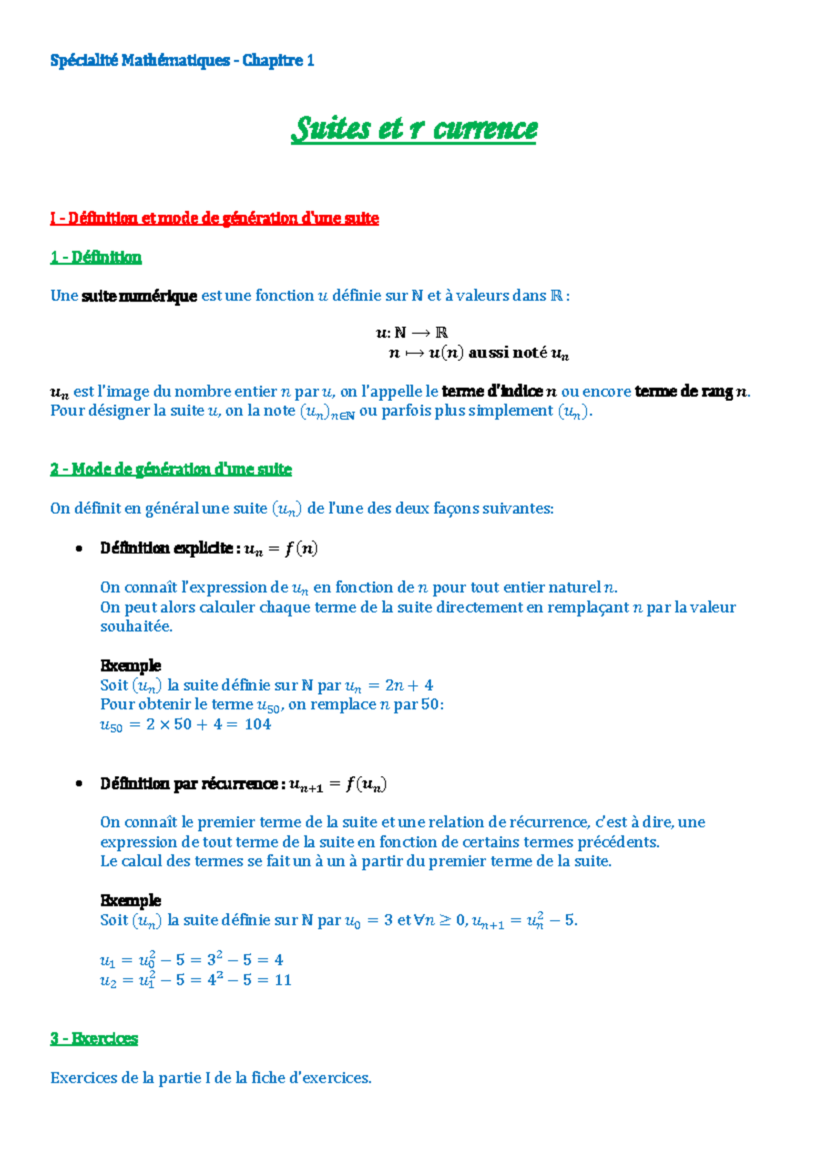 Mathématiques - Chapitre 1: Suites et Récurrence - Cours Complet - Studocu