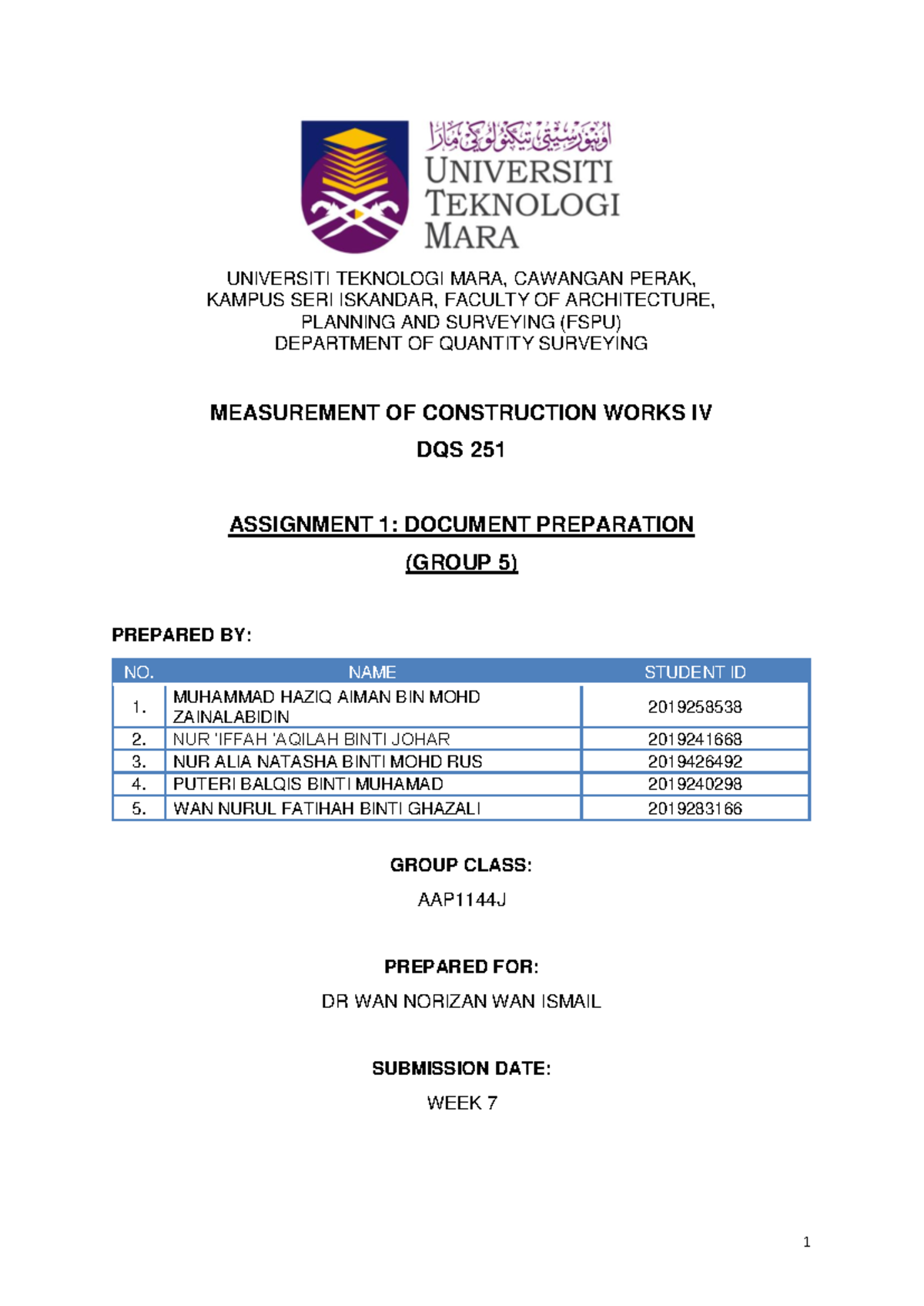 DQS251 Assignment 1: Document Preparation & Bill of Quantities Overview - Studocu