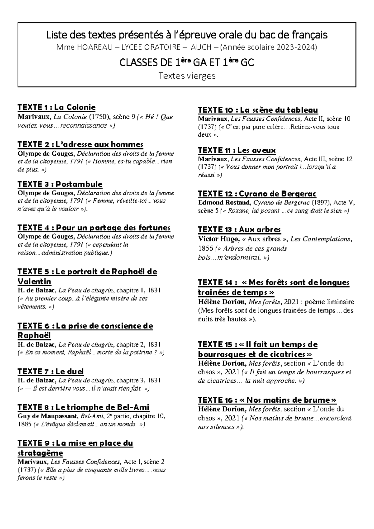 **Textes et analyses pour l'épreuve orale BAC Français – 2023-2024 ...