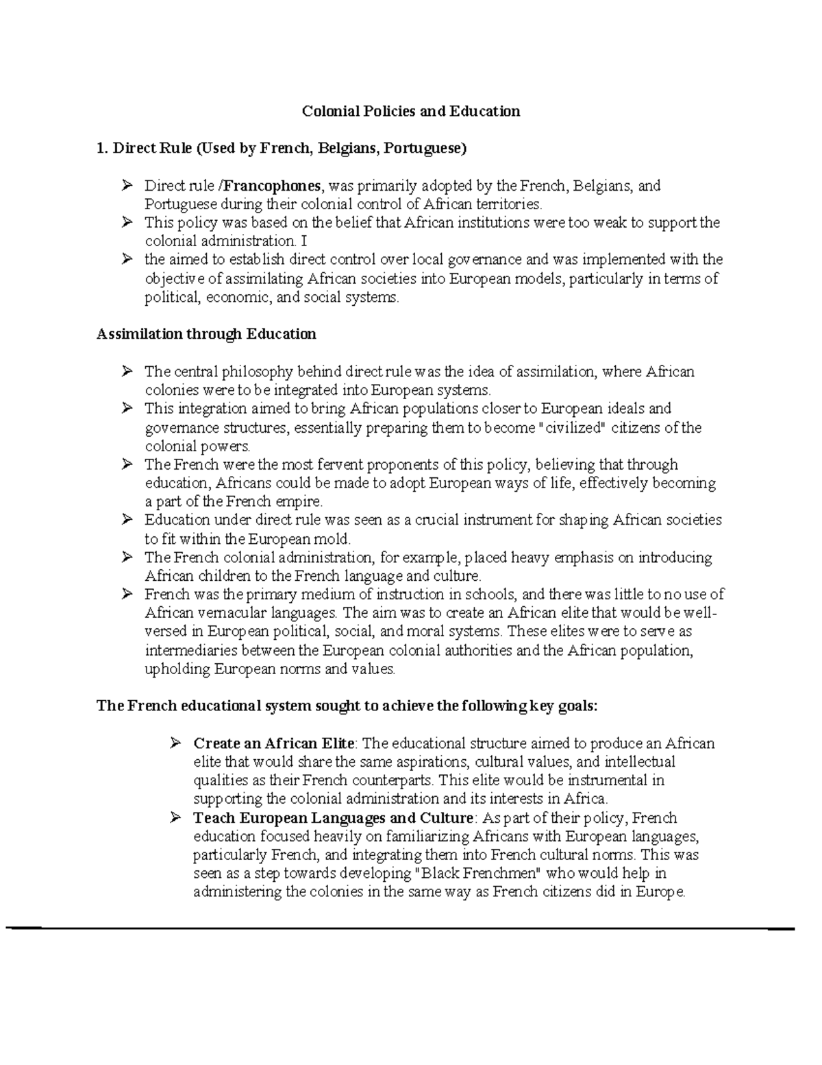 Colonial Education: Direct and Indirect Rule Policies Analysis - Studocu