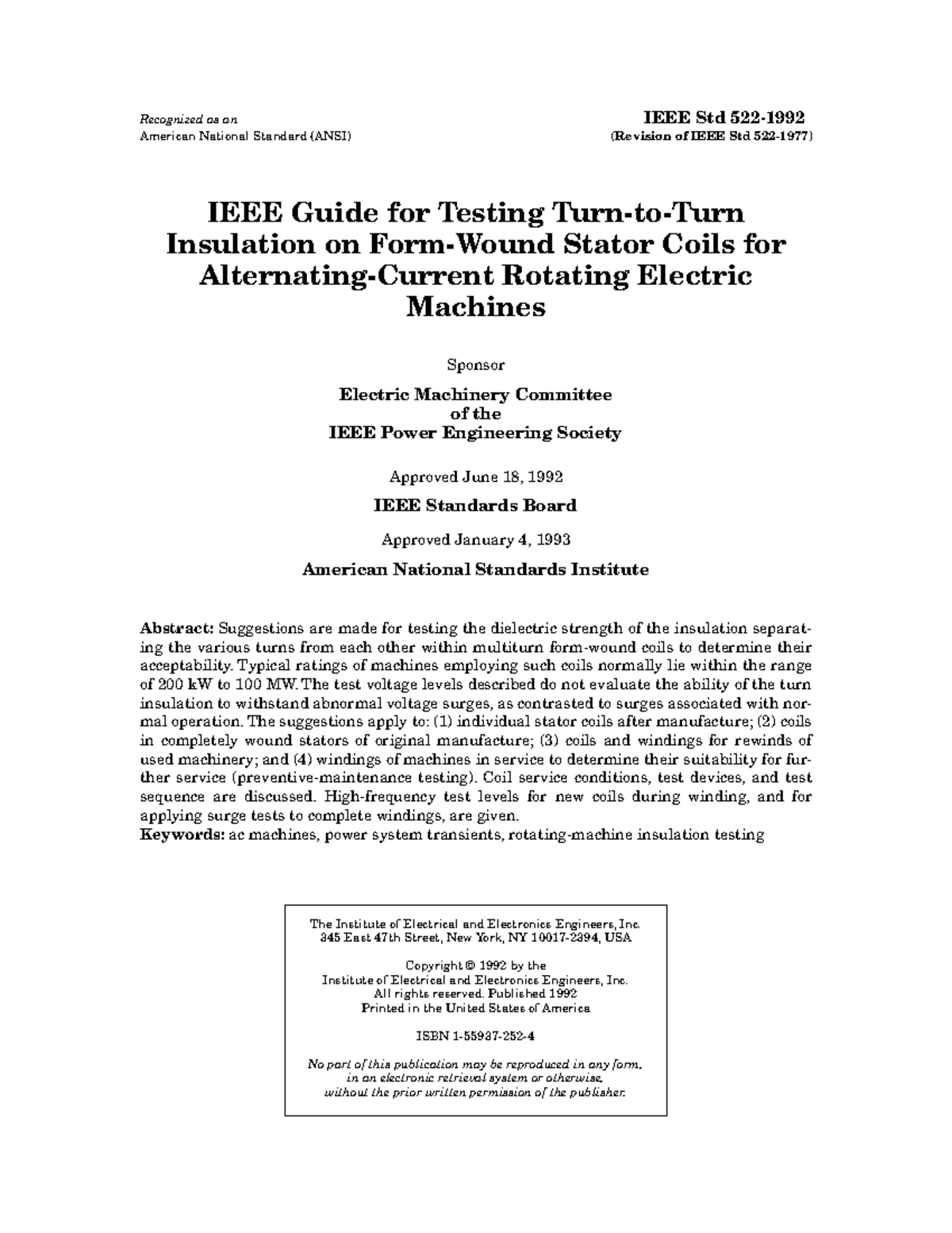 IEEE Std. 522-1992: Guide for Testing Insulation on Stator Coils - Studocu