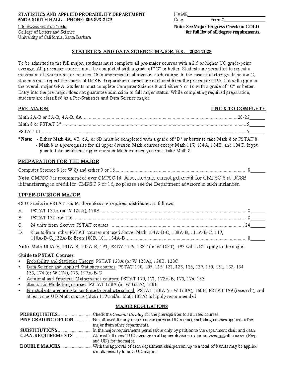 STATISTICS AND DATA SCIENCE MAJOR 5607A 24-25 Requirements Sheet - Studocu