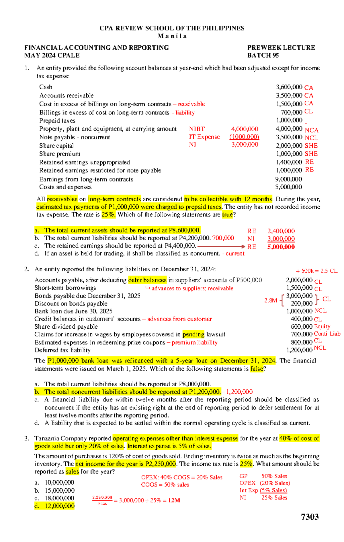 7303 - FAR Preweek Review Problems and Solutions for CPA Exam - Studocu
