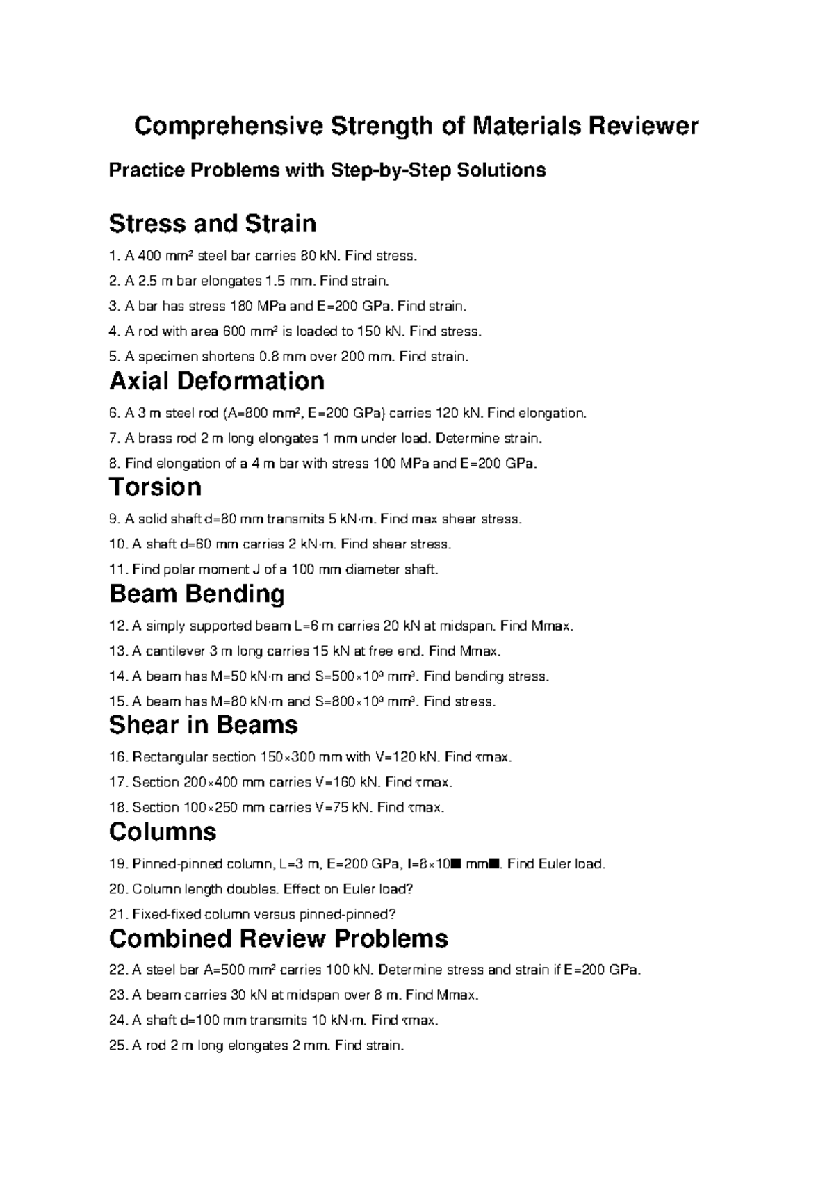 Strength of Materials Reviewer: Practice Problems & Solutions (ENGR 101 ...