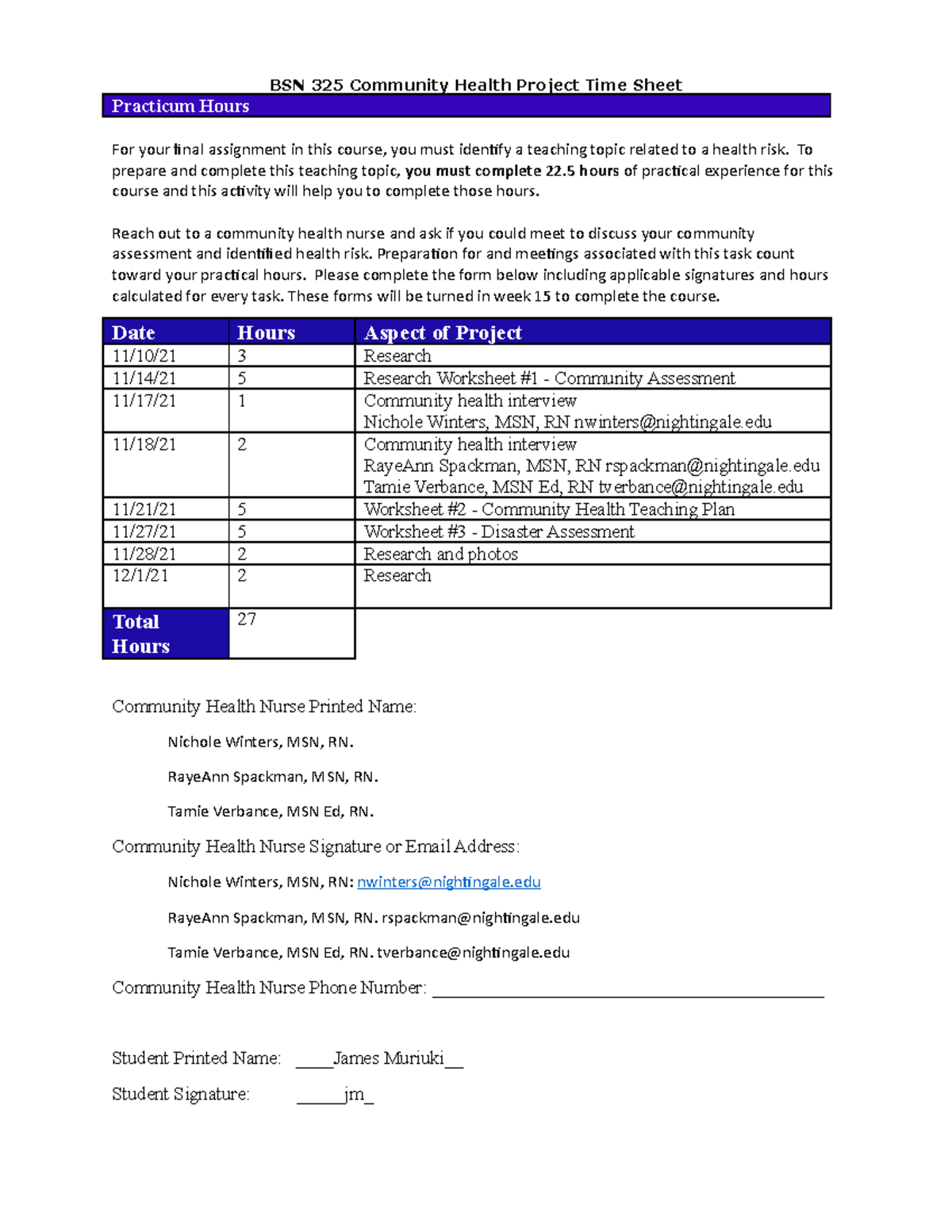BSN 325 Practicum Time Sheet - BSN 325 Community Health Project Time ...