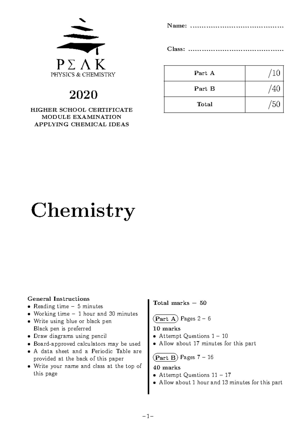Applying Chemical Ideas - 2020 HSC PRACTICE MOD EXAM - Studocu