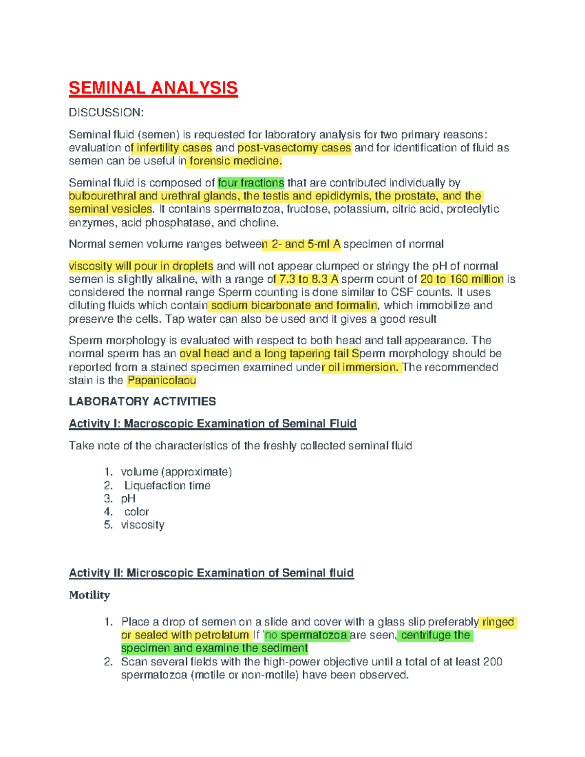 Seminal and Sputum Analysis add. info - SEMINAL ANALYSIS DISCUSSION ...