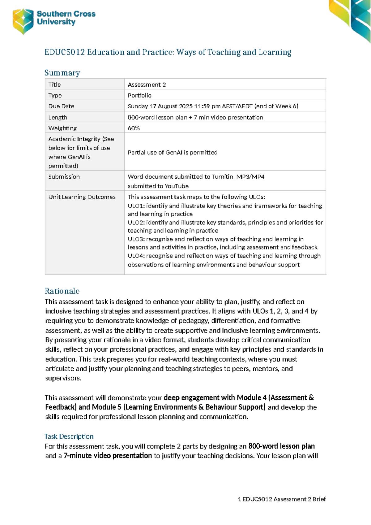 EDUC5012 Assessment 2: Lesson Plan & Video Presentation Guide - Studocu