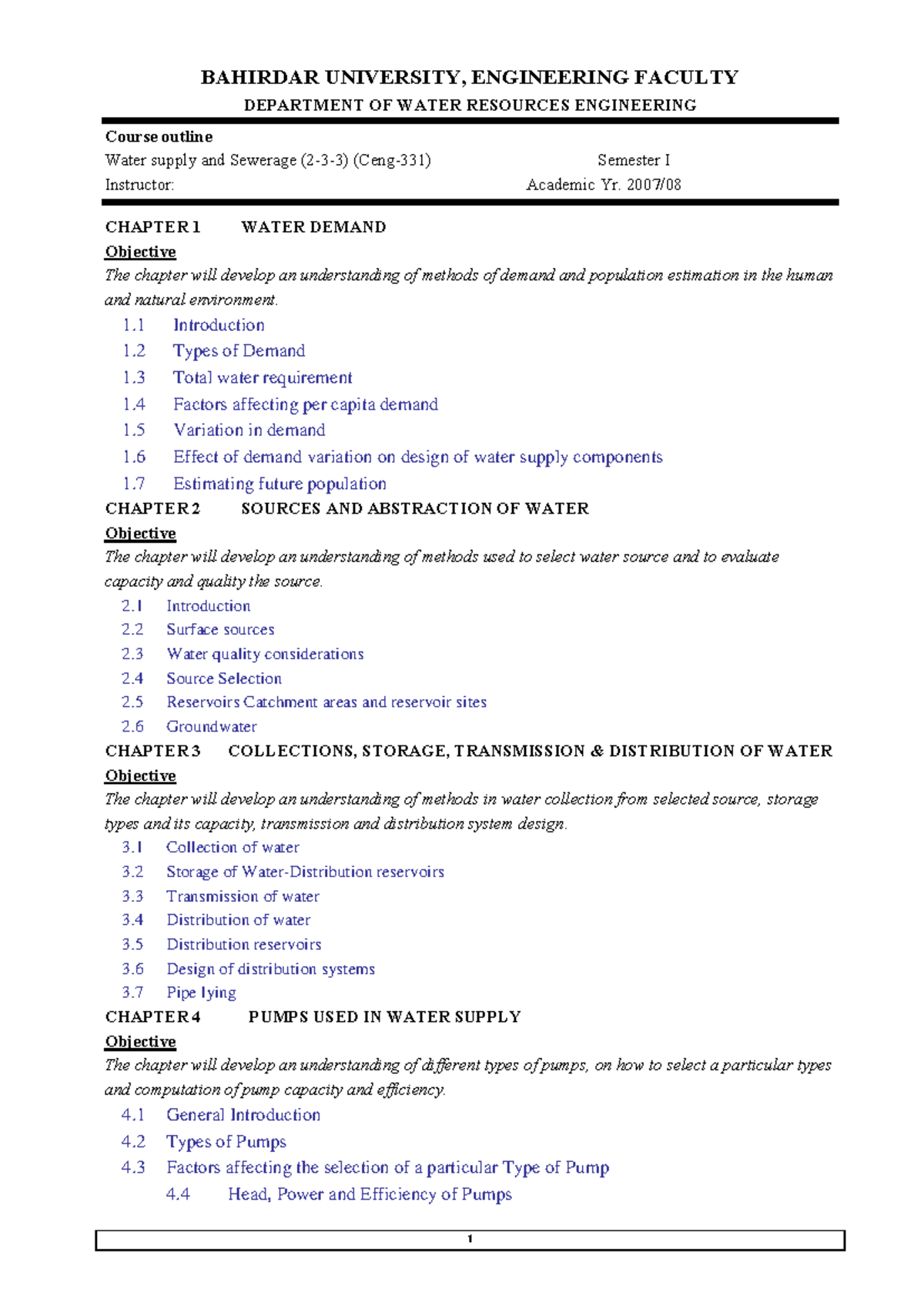 BAHIRDAR UNIVERSITY: CENG-331 Water Supply & Sewerage Lecture Notes ...