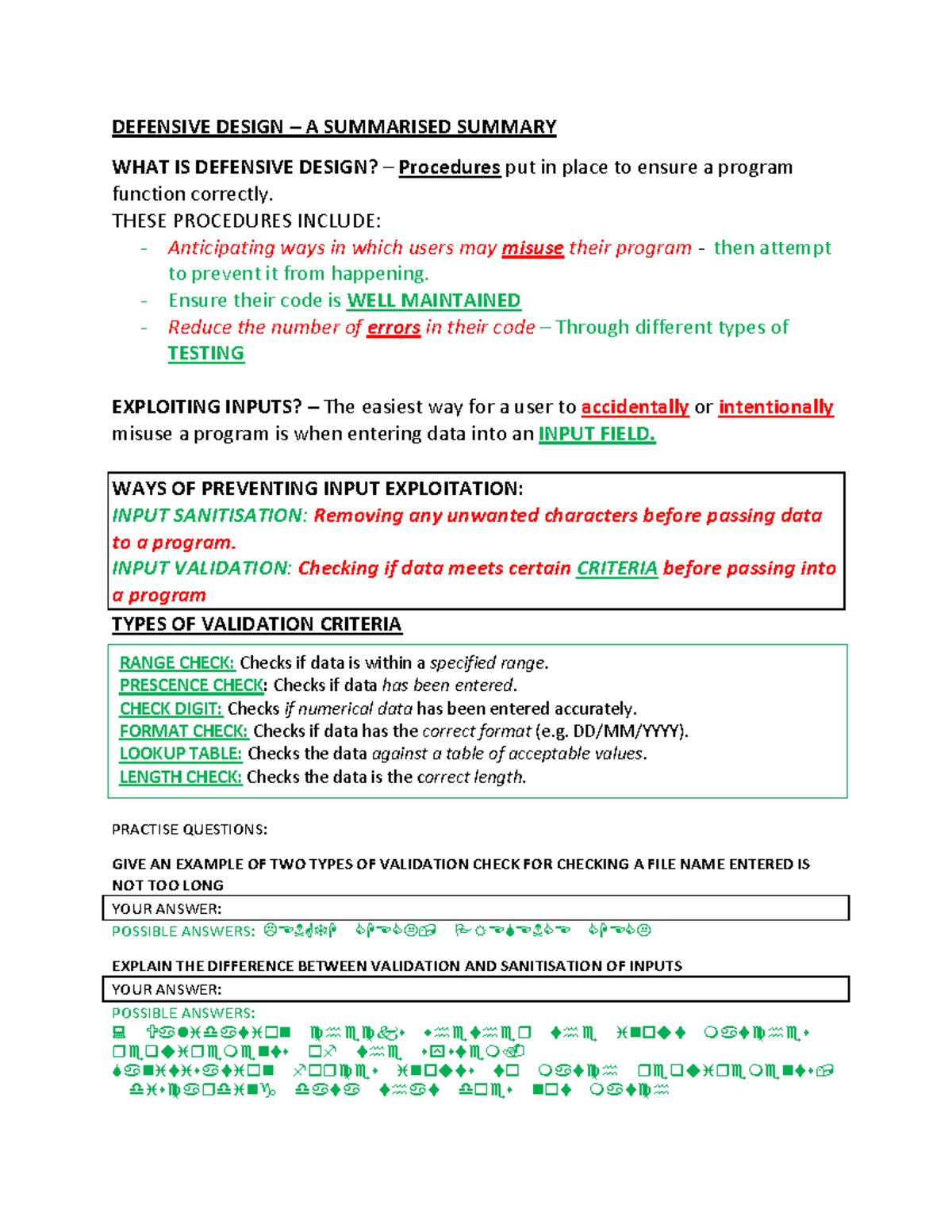 DEFENSIVE DESIGN (CS101) - Key Concepts and Input Validation Techniques - Studocu