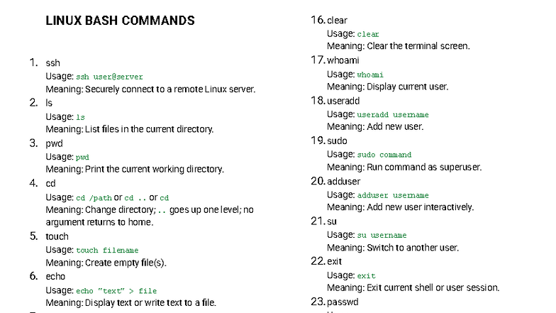 LINUX BASH COMMANDS Reference Guide for Students - Studocu