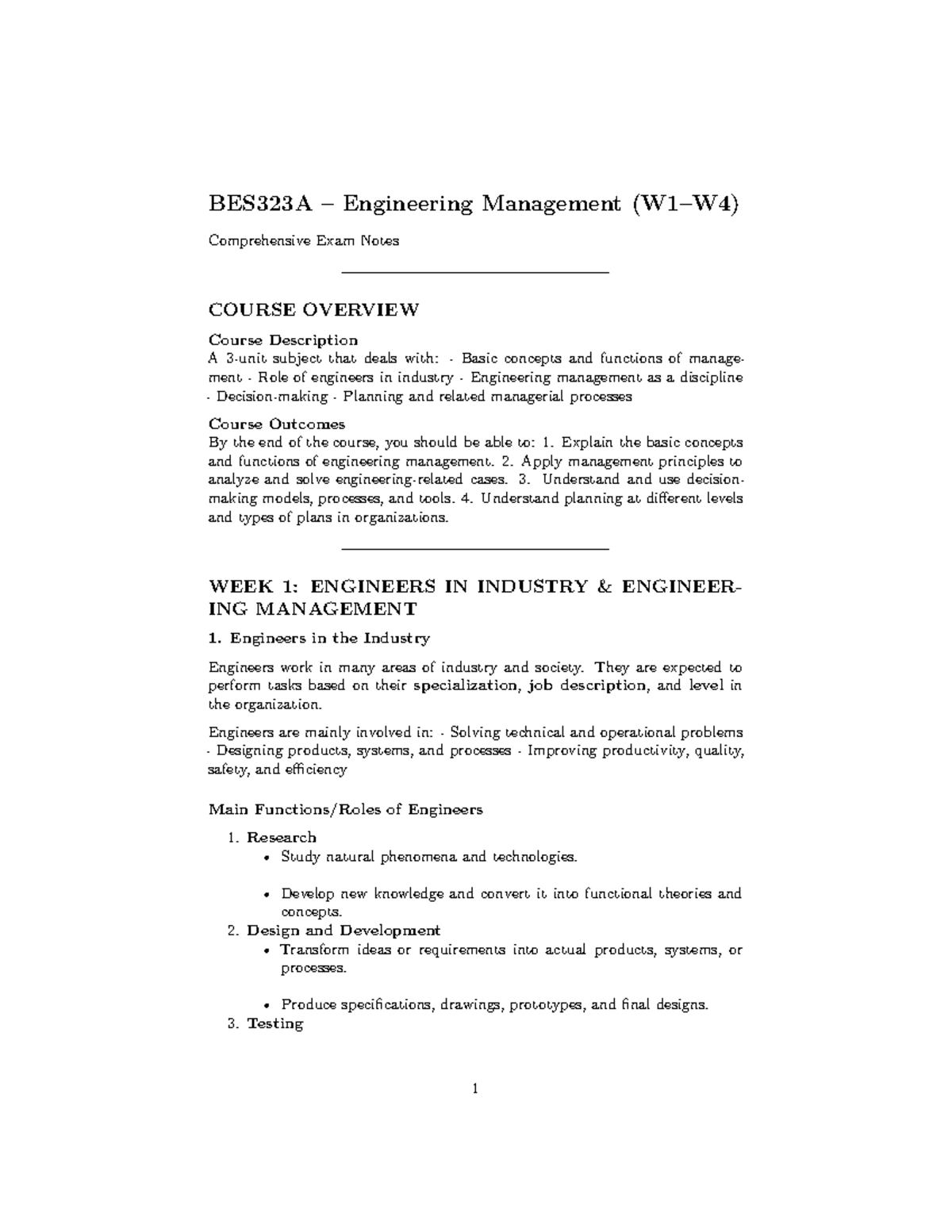 BES323A Engineering Management Comprehensive Exam Review Notes - Studocu