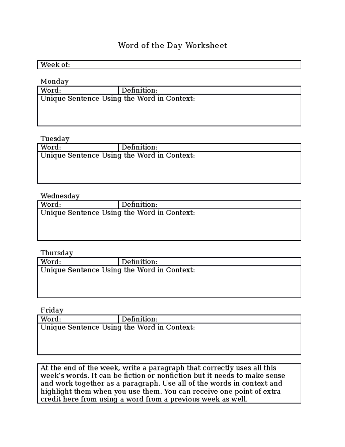 Word of the Day Worksheet - Weekly Vocabulary Practice - Studocu