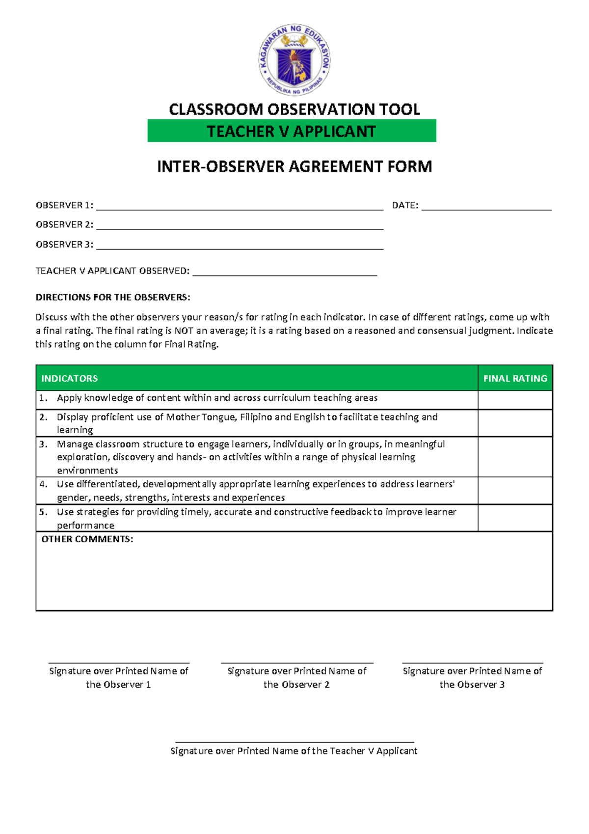 COT Inter-Observer Agreement Form for Teacher V Evaluation - Studocu