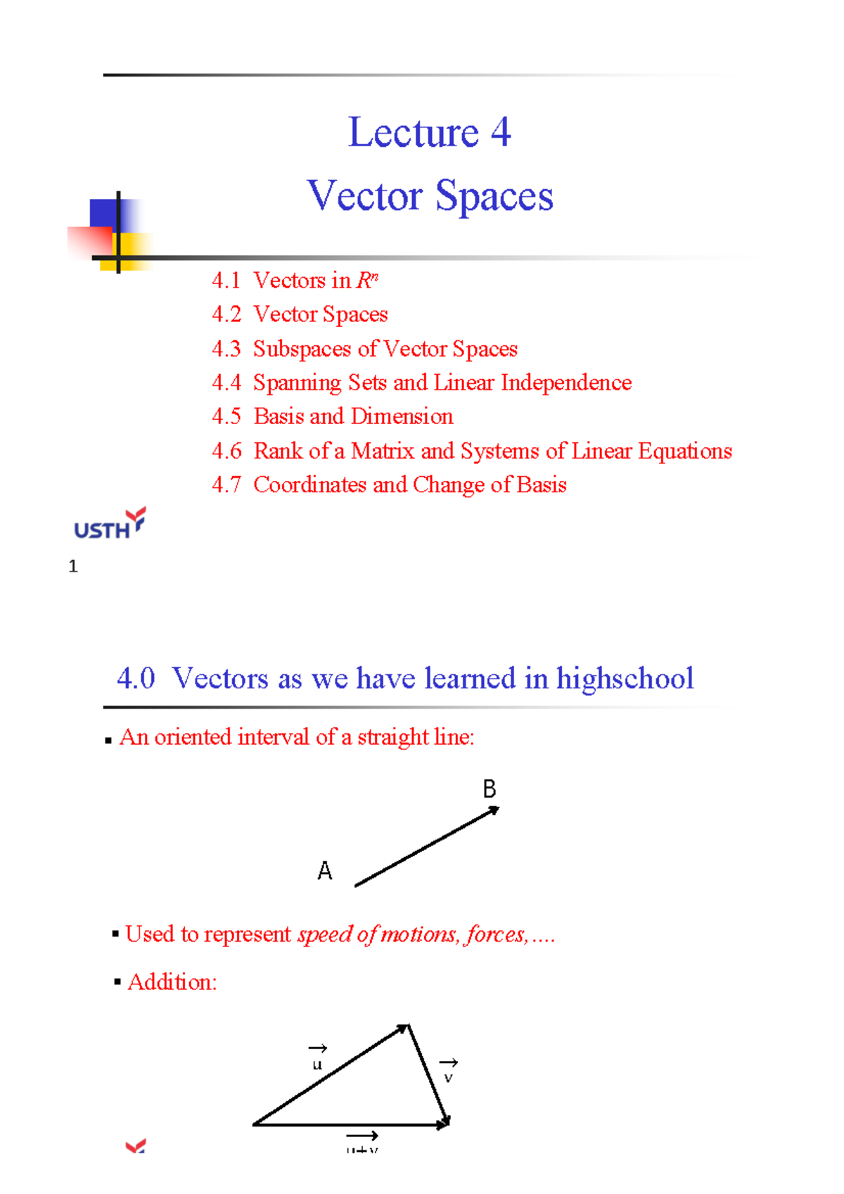 Linear Algebra Lecture 4: Vector Spaces and Properties (Course Code ...