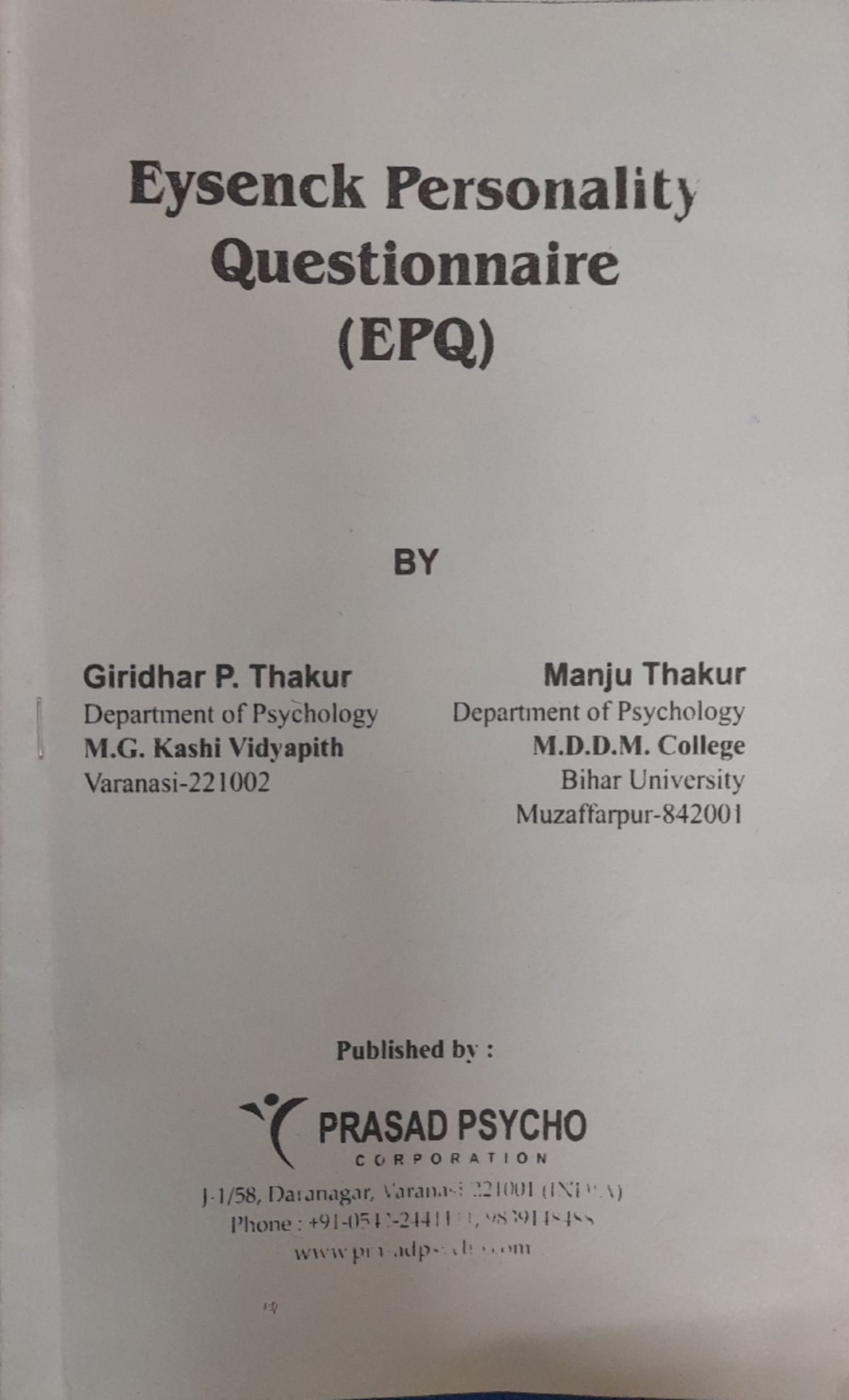Eysenck Personality Questionnaire (EPQ) Manual for Diverse Cultures ...