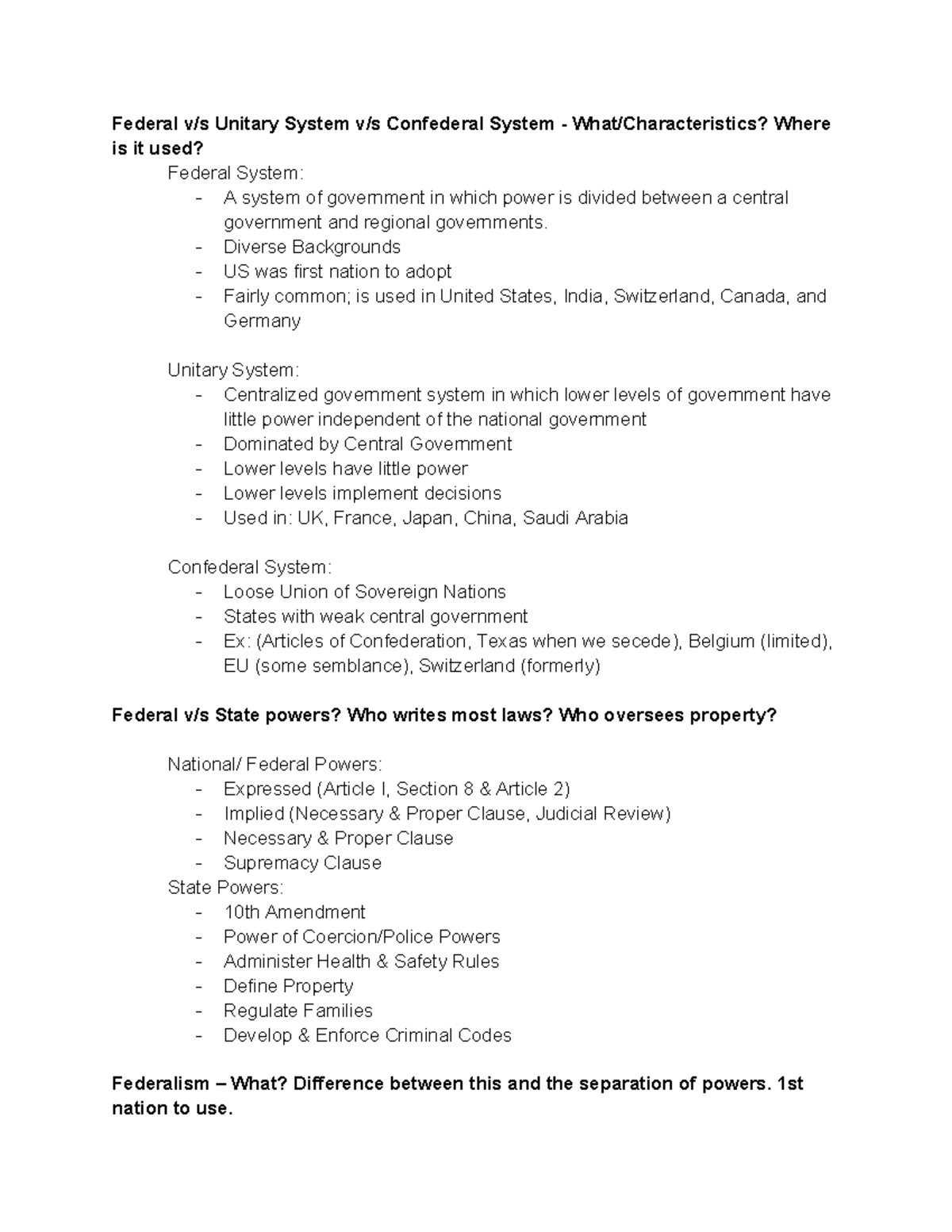 POLS 2301 Exam 2 Review: Federal, Unitary, and Confederal Systems ...