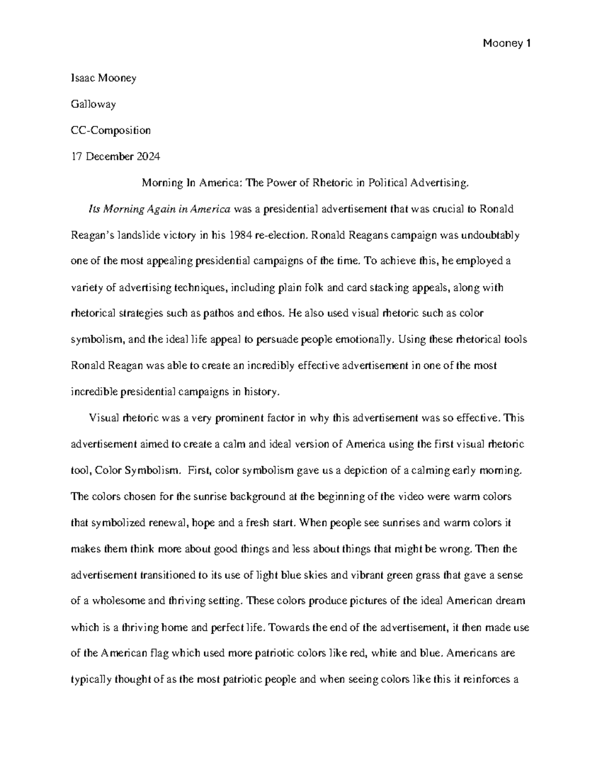 Rhetorical Analysis Essay: "Morning in America" Ad (Final Draft) - Studocu
