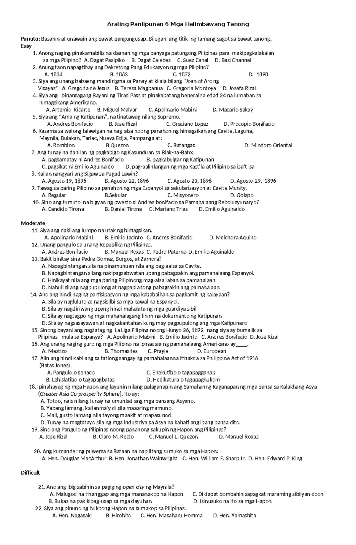 AP6 Sample Questions Wceclc - Araling Panlipunan 6 Mga Halimbawang ...
