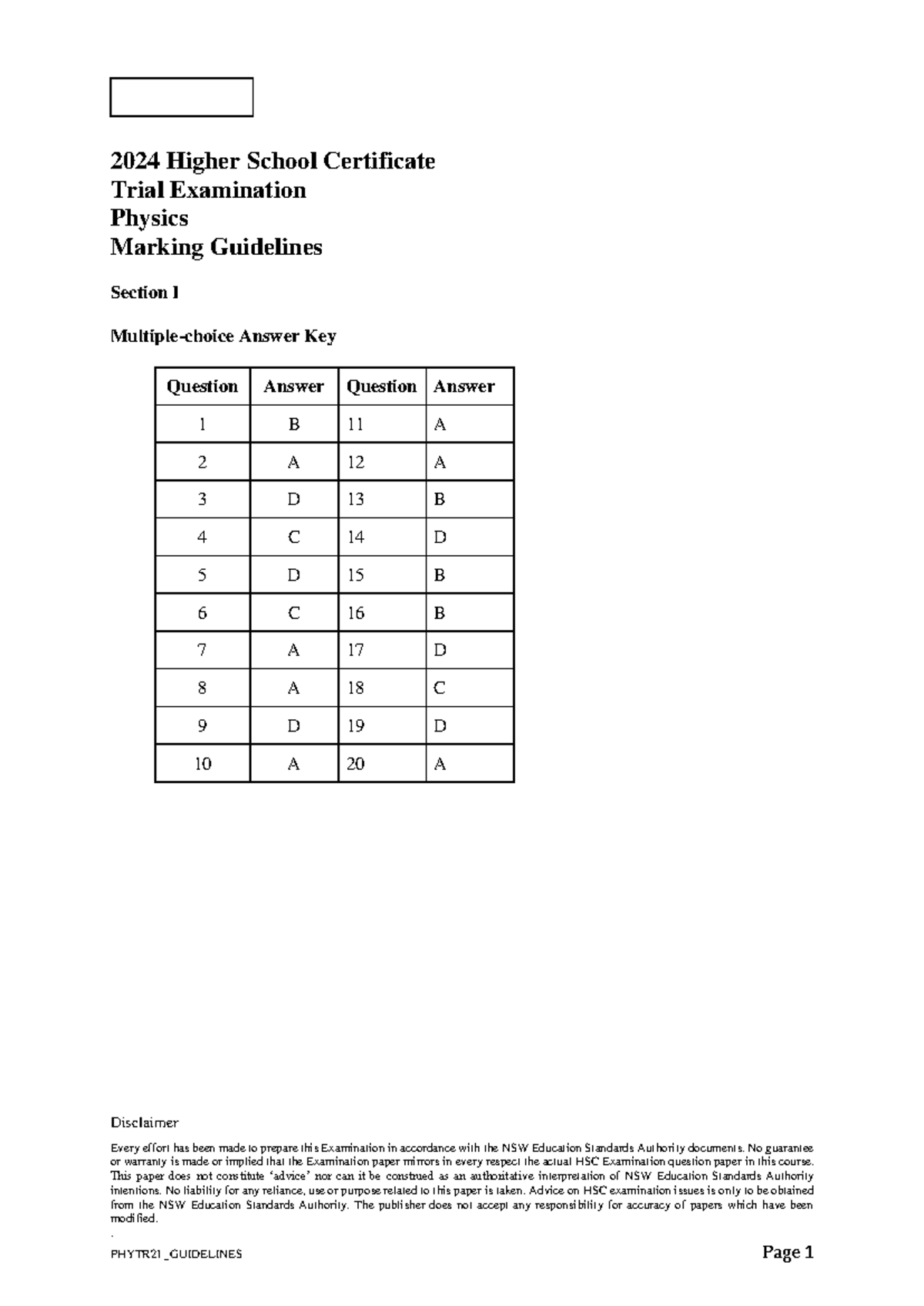 2024 HSC Physics Trial Exam Marking Guidelines & Answer Key - Studocu