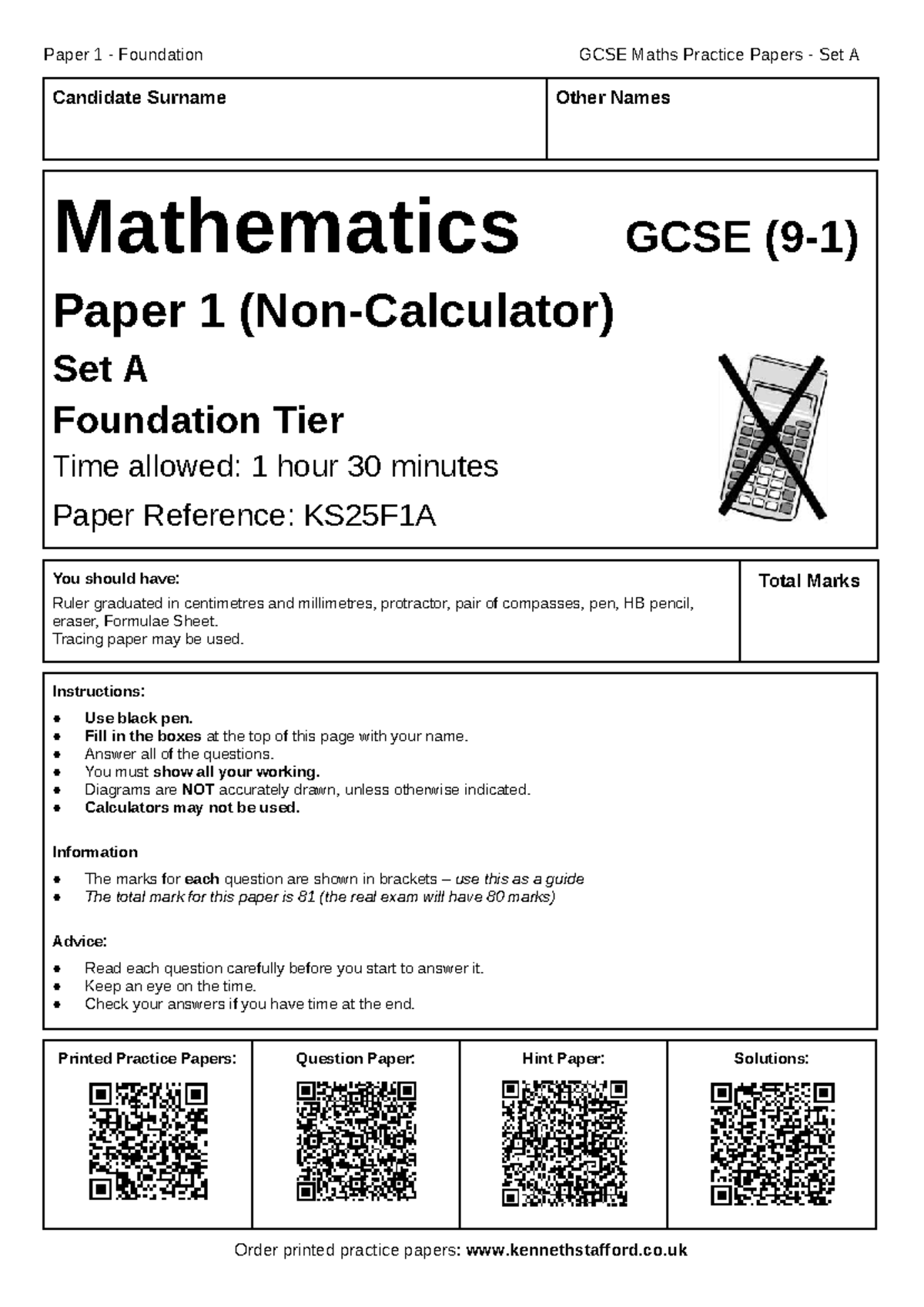 GCSE Maths P1F Practice Paper Set A Questions Overview - Studocu