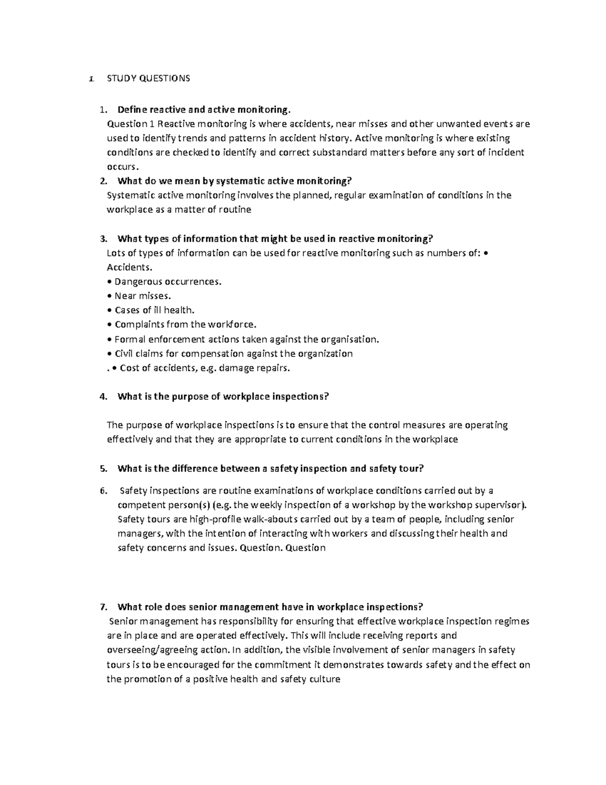 UNIT 4 Study Questions on Health and Safety Monitoring and Auditing ...