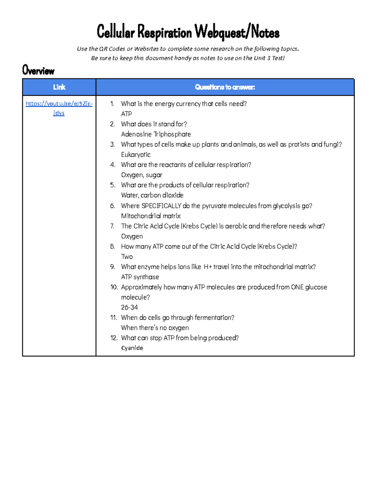 Cellular Respiration Webquest - Cellular Respiration Webquest/Notes Use ...