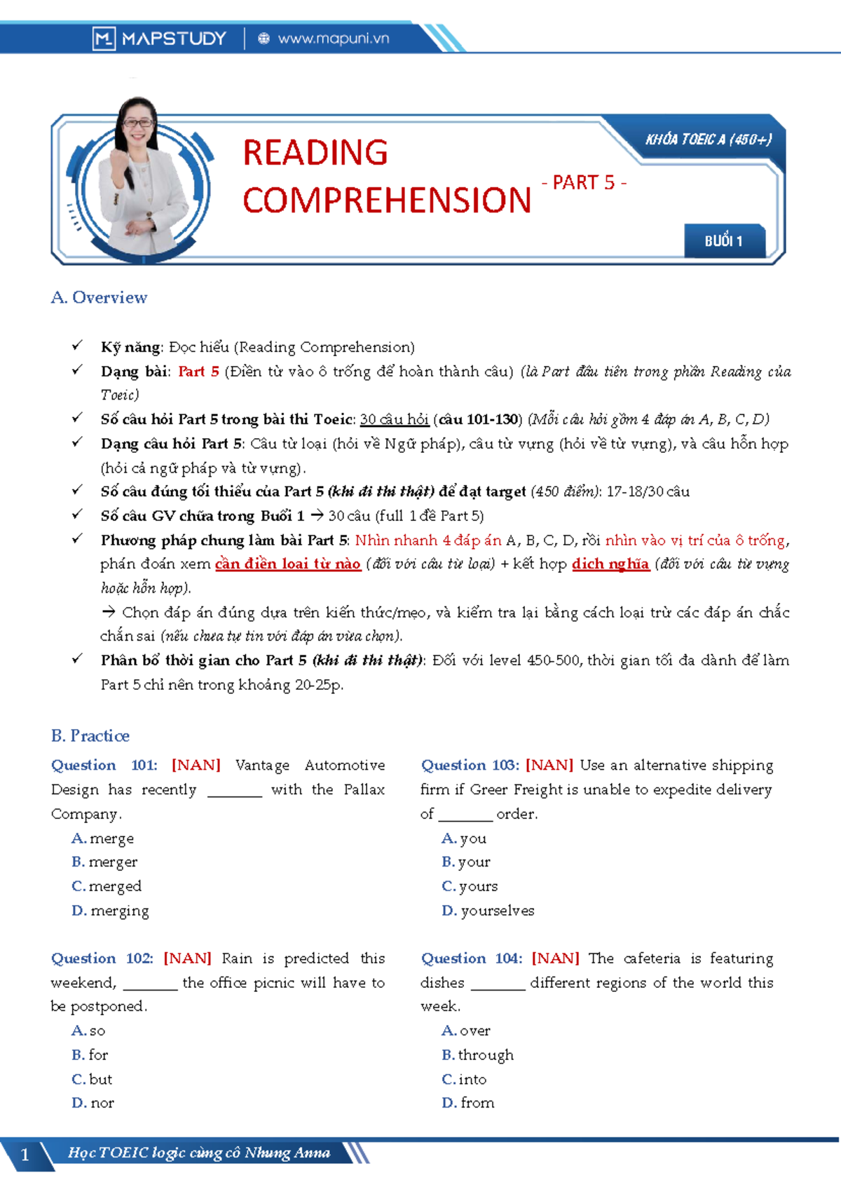 TOEIC A (450+) Part 5 Reading Comprehension Practice - Session 1 - Studocu
