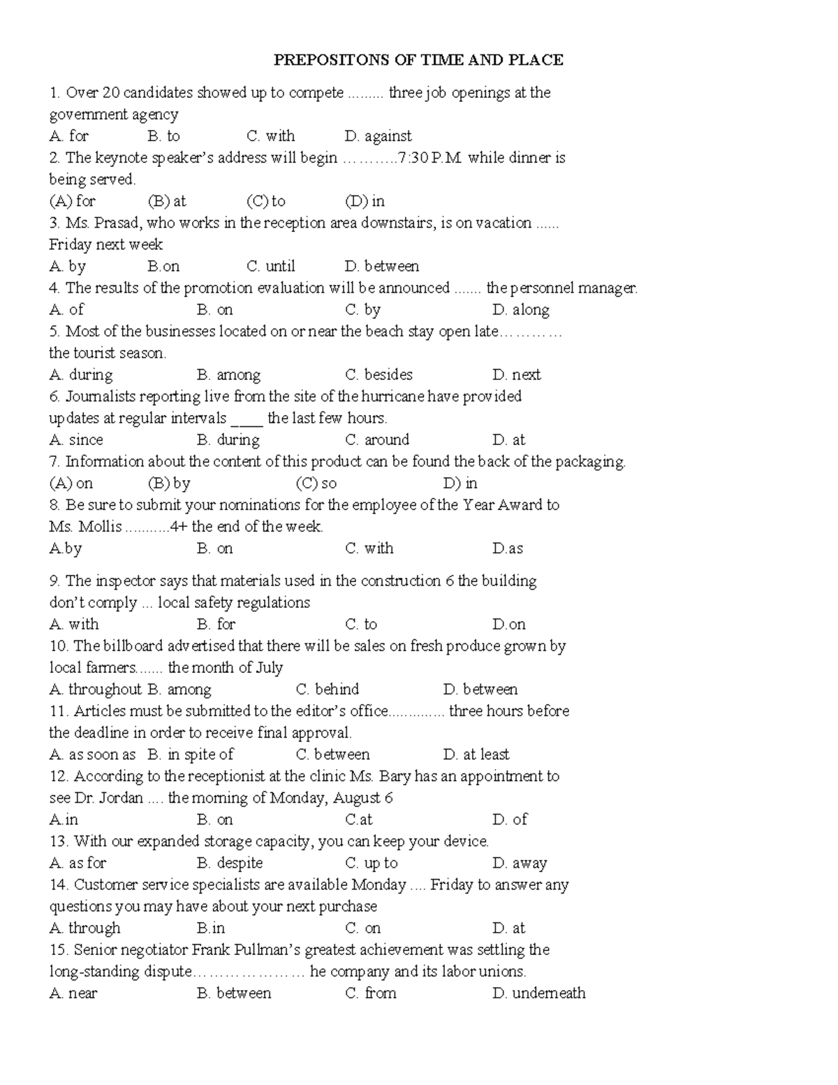 Prepositions of Time and Place Quiz - Studocu