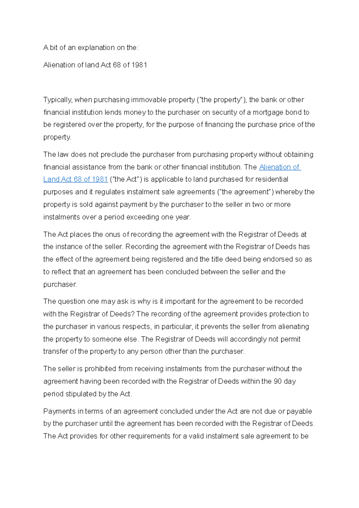 Comprehensive Study on Alienation of Land Act 68 of 1981 - Studocu