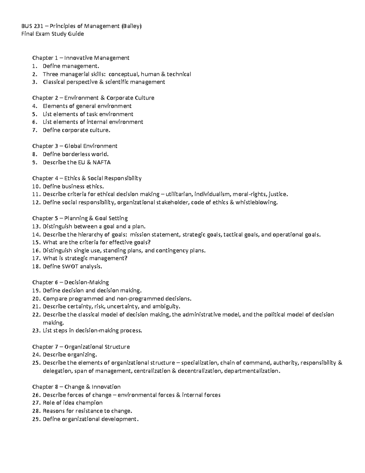 BUS 231 – Principles of Management Final Exam Study Guide Overview ...
