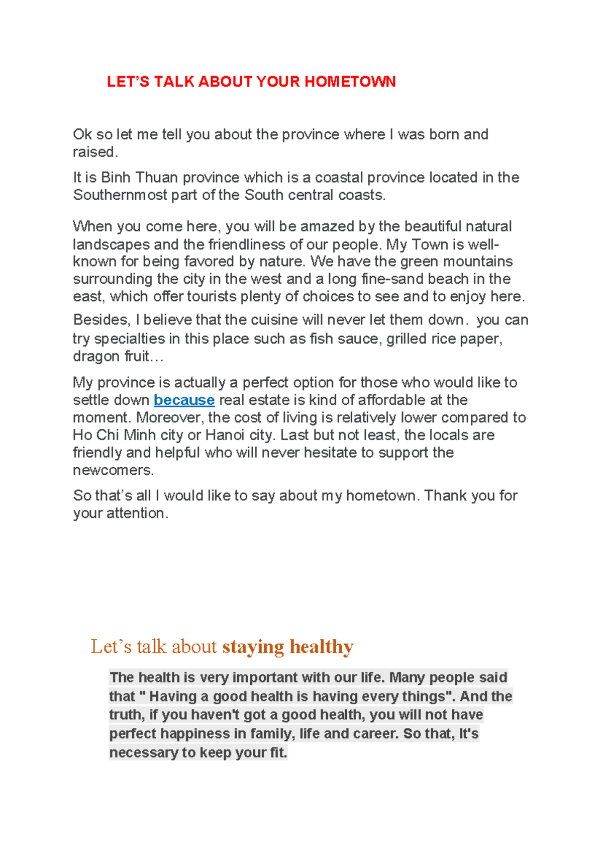 EXAM Speaking - Summary English B1.3 - LET’S TALK ABOUT YOUR HOMETOWN ...