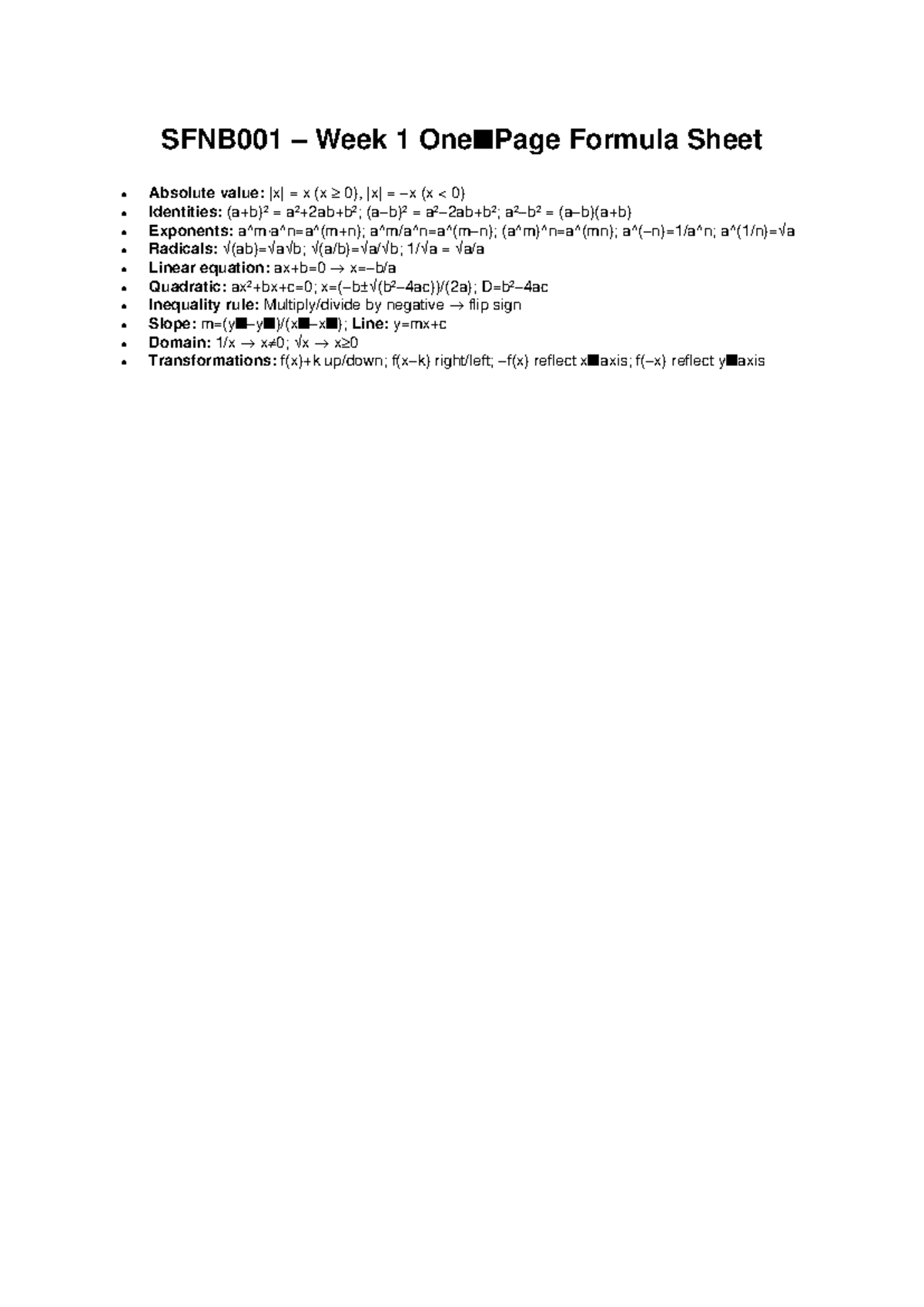 SFNB001 Week1 One Page Formula Sheet 260204 221215 - SFNB001 – Week 1 ...