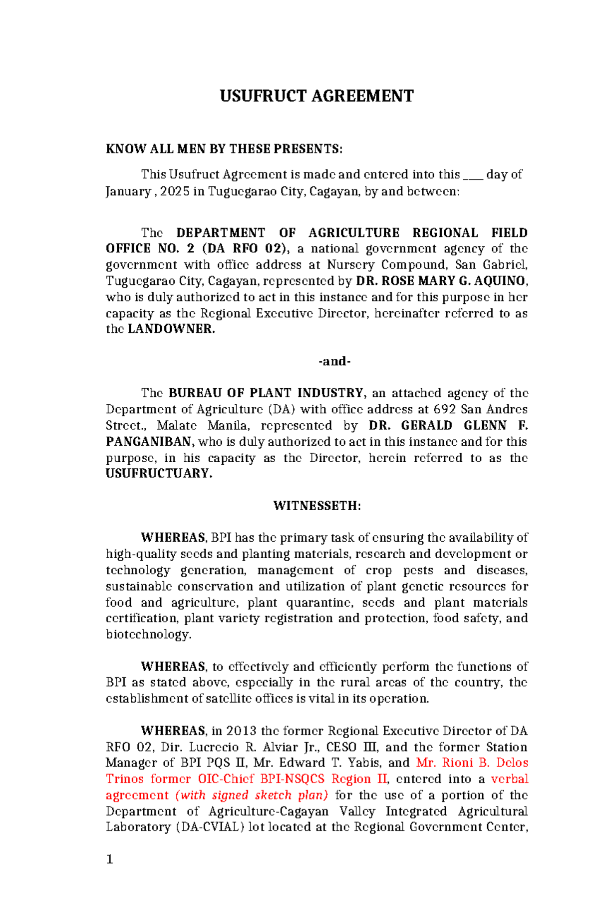 Revised Usufruct Agreement between DA RFO 02 & BPI for 2025-2045 - Studocu