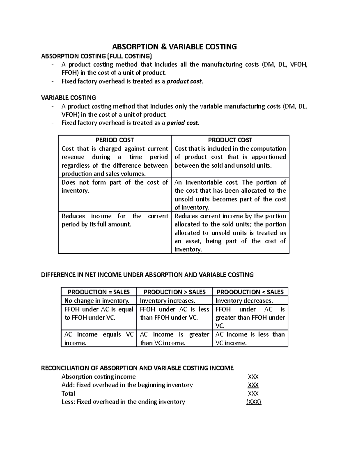 ACCT 301: Absorption vs Variable Costing - Key Concepts and Income Differences - Studocu