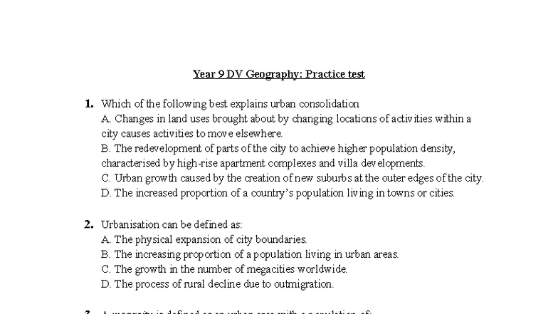 Year 9 DV Geography: Urban Consolidation & Megacities Practice Test ...