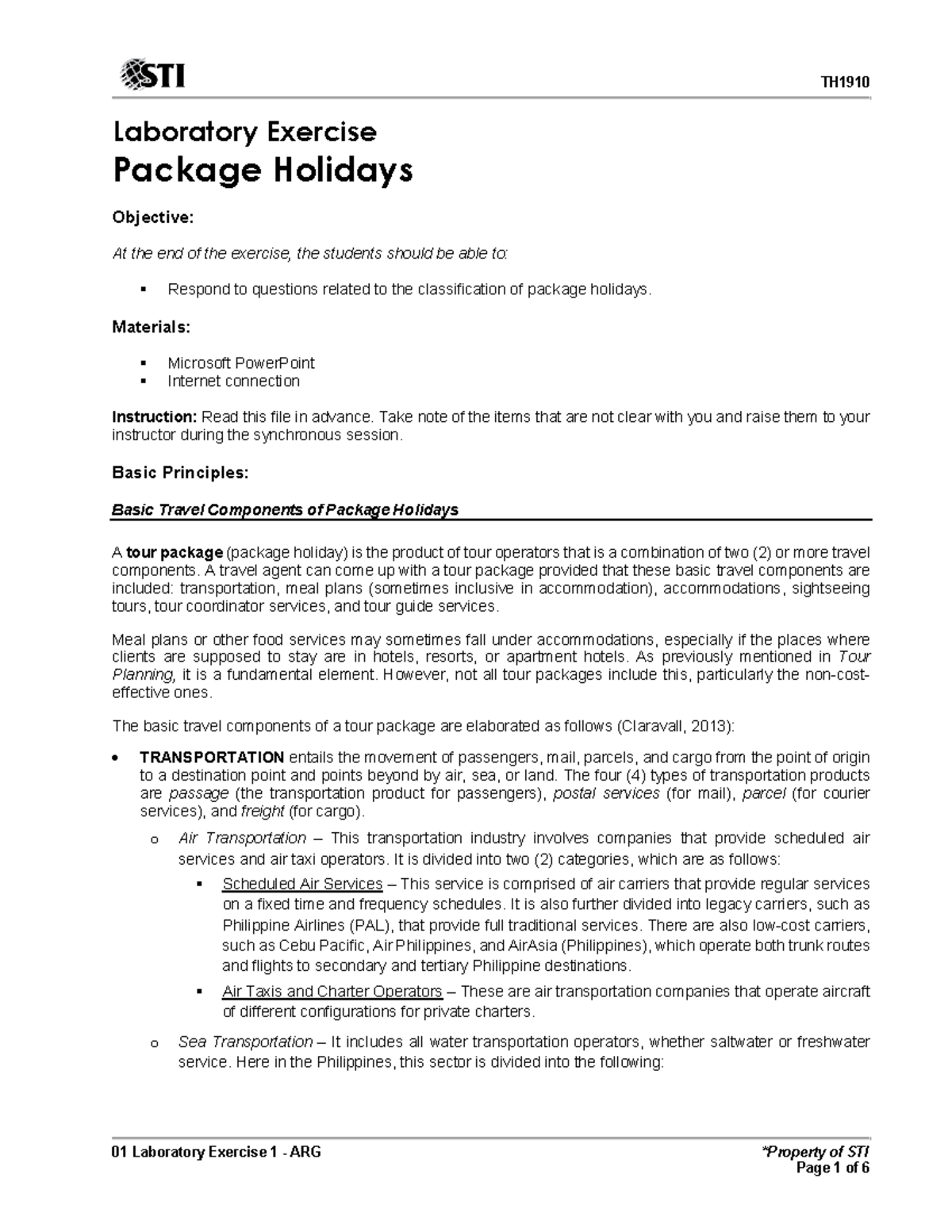 Laboratory Exercise 1 - Creating Package Holidays for ARG Course - Studocu