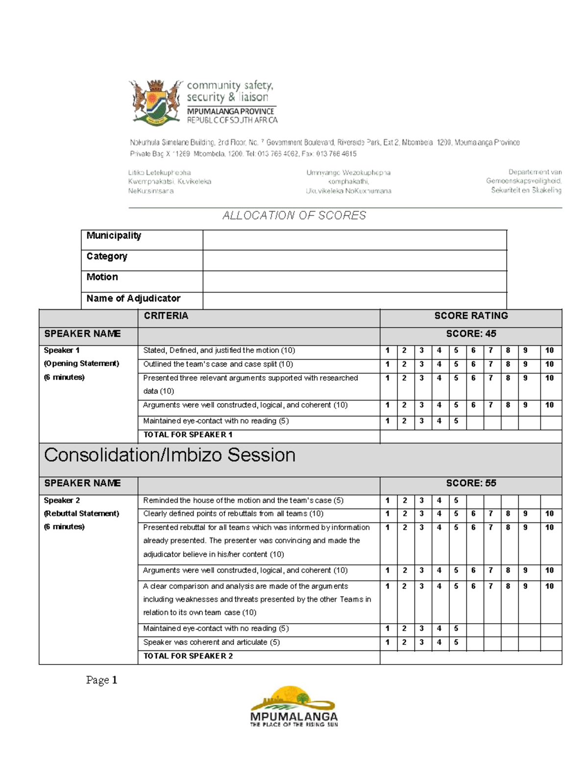 Debates Score Sheet: Allocation of Scores and Criteria Evaluation - Studocu