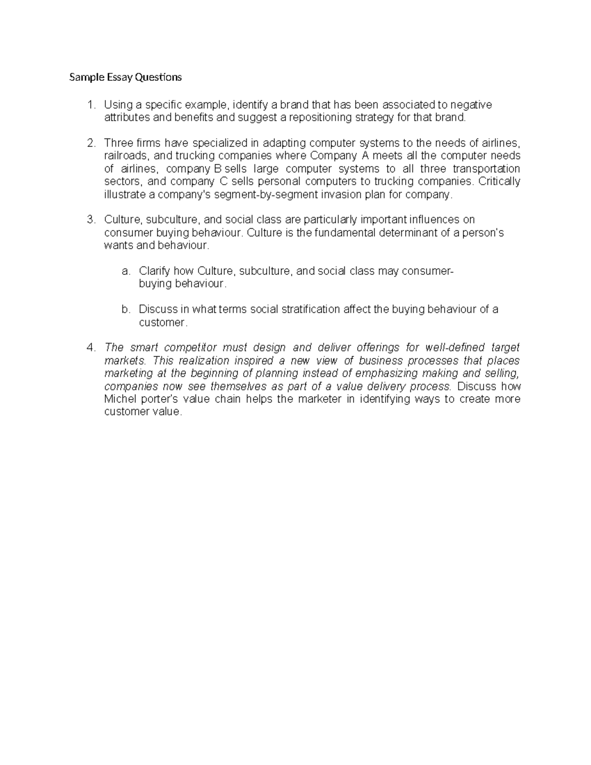 Sample Essay Questions - Using a specific example, identify a brand ...